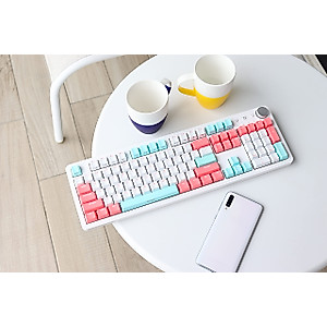 i-rocks K73M Mechanical Gaming Keyboard with Media Control Knob, 107 Keys, PBT Keycaps, Multimedia Hotkeys, Detachable USB-C Cable (Cherry MX Brown Switches, Mint Peach)