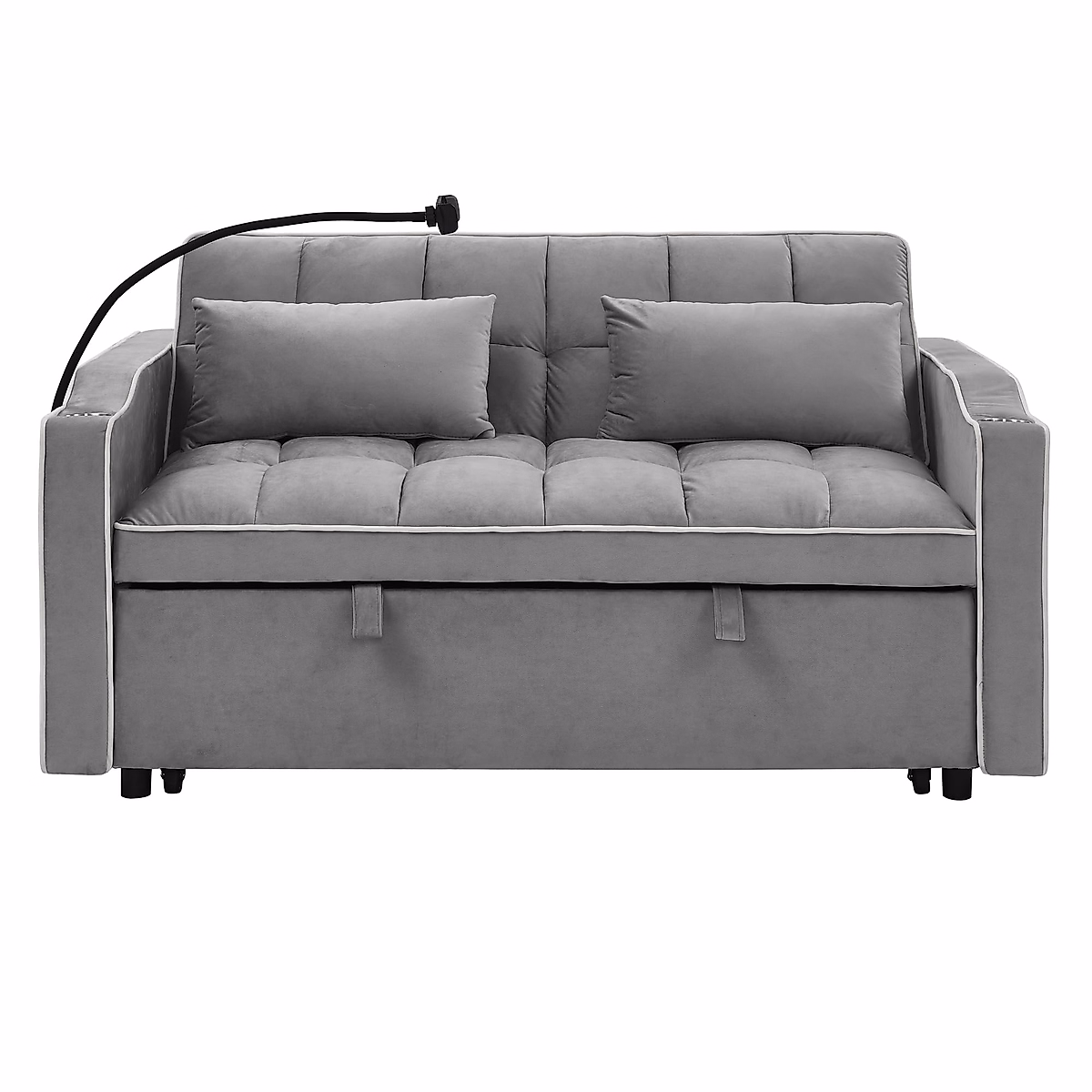 Bellemave Foldable Sofa Bed with Phone Holder, Pull Out Velvet Loveseat Sleeper with 2 USB Charging Ports, Modern Futon Couch with Cup Holders and Adjustable Backrest, for Living Room, Gray