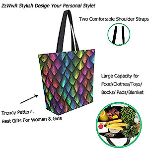 ZzWwR 3d Trendy Colored Dragon Scale Print Extra Large Canvas Shoulder Tote Top Handle Bag for Gym Beach Travel Shopping