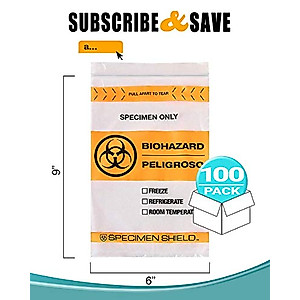 APQ Biohazard Specimen Bags 6 x 9, Orange and Black 3-Wall Biohazard Bags 100 Pack, Clear 2 Mil Bio Hazard Bags, Waterproof Plastic Zipper Bags with “Pull Apart to Tear” Line and Document Pouch