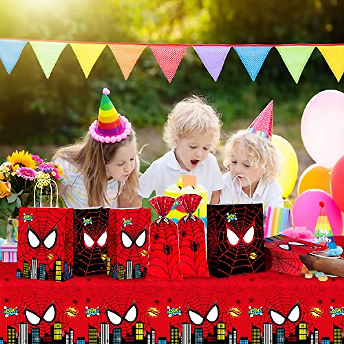 20Pcs Hero Party Treat Bags with Handles,Large Thick Kraft Double Sided Spider Web Printed Durable Gift Goodie Treat Candy Bags for Kids Boys Hero Theme Spider Birthday Party Supplies and Decorations