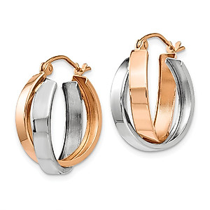 Solid 14k Rose and White Gold Oval Hoop Earrings - 18mm x 3mm