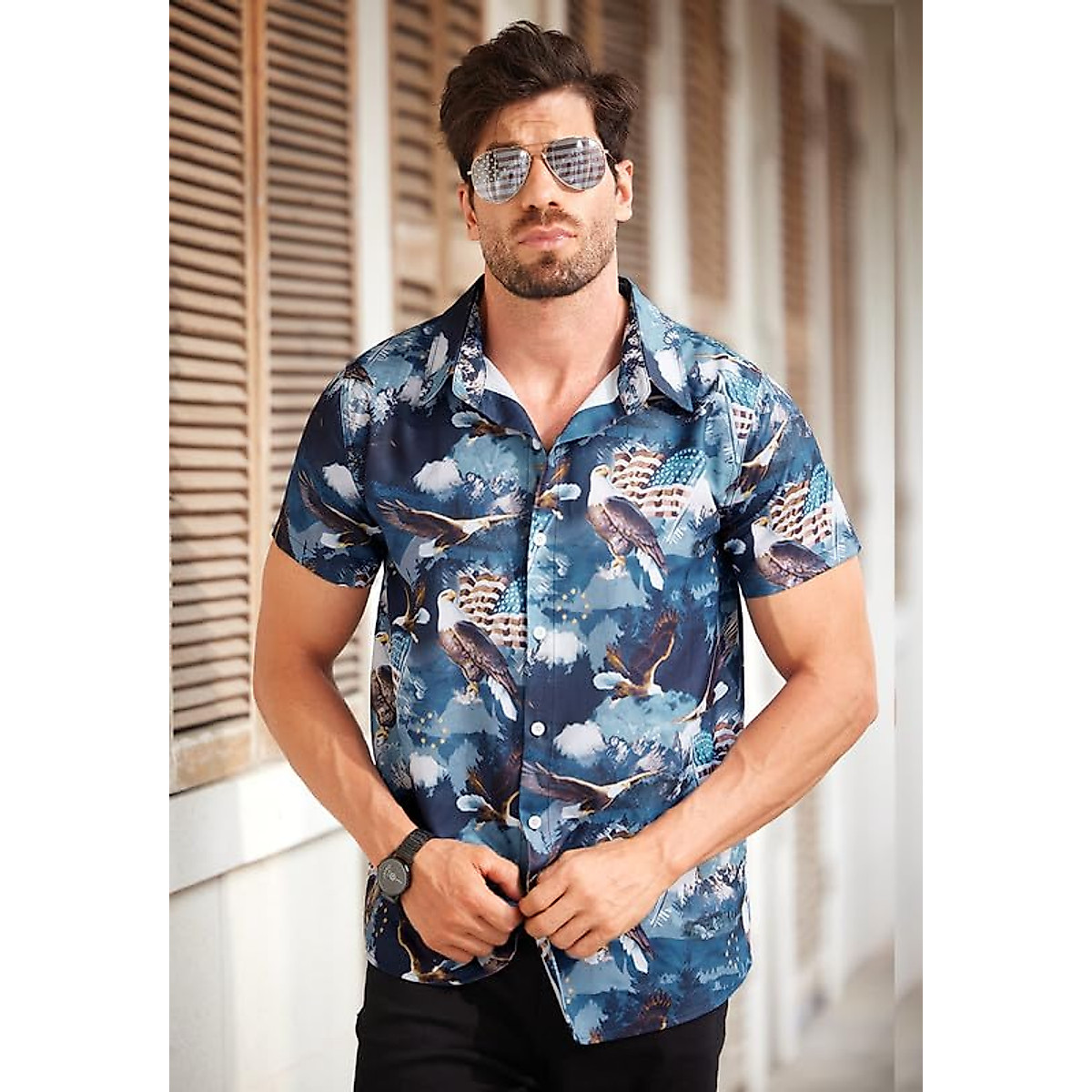 Arvilhill Men's Fashion Star and Flag Button Shirt American Flag Traveling Button Shirt US Flag Short Sleeve Button Shirt L