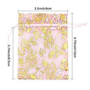 SumDirect Pink Drawstring Organza Bags - 100Pcs 4×5 Inches Pink Rose Sheer Jewelry Gift Bags, Small Mesh Candy Bags for Wedding Party Festival