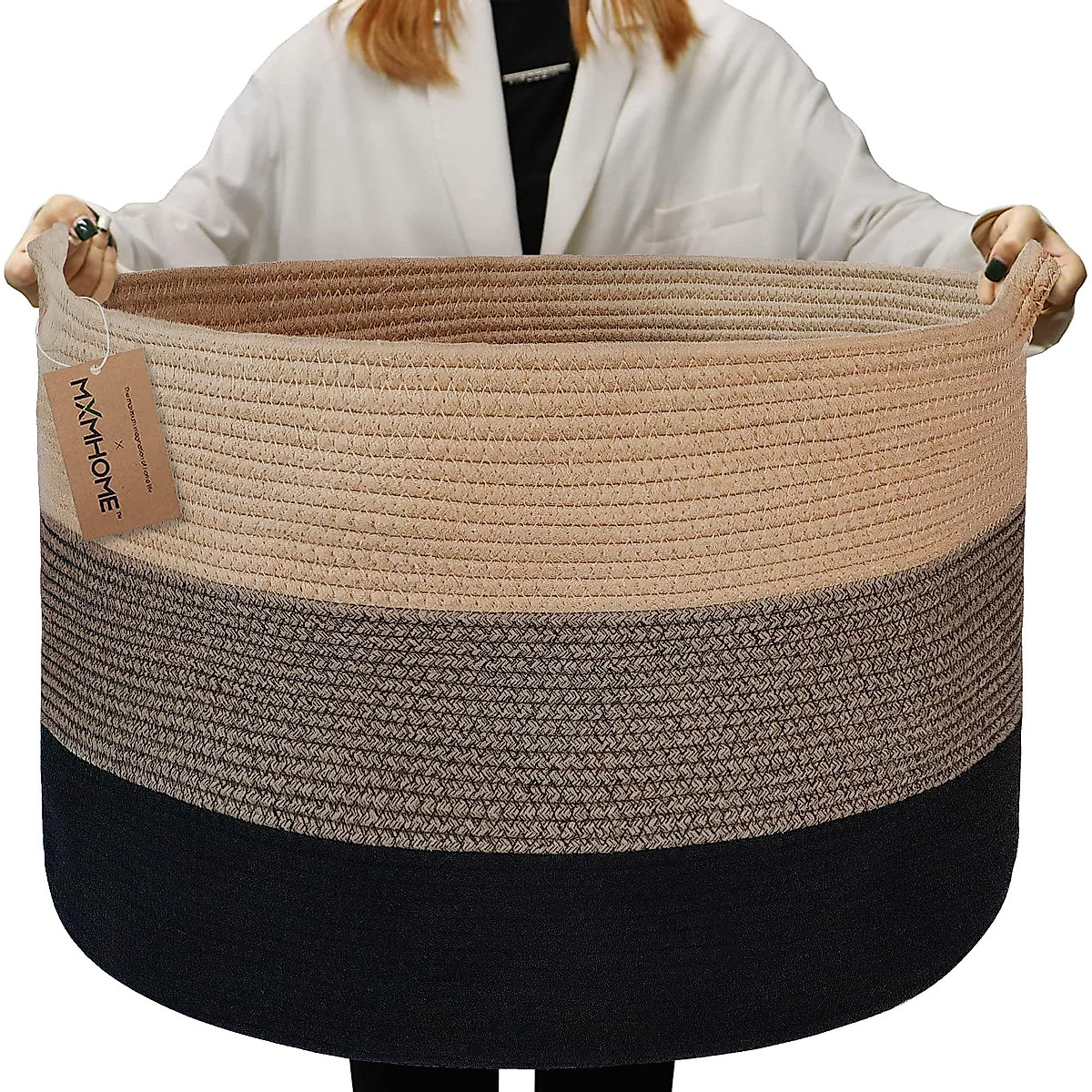 MXMHOME Large Cotton Rope Basket,22"x22"x14"Throw Blanket Storage for Living Room Woven Baby Laundry Basket with Handle Nursery Basket Soft Toy Storage Basket Comfoter Cushions Thread Hamper