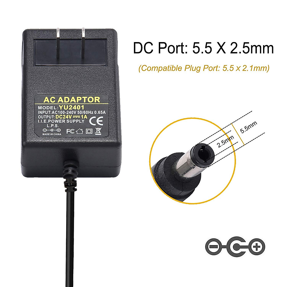 24V 1A Power Adapter Supply - AC to DC 24 Volt 1000mA 500mA Available 5.5x2.5mm-2.1mm Tip 24V/1A 24W for Oil Diffuser Humidifier WiFi Camera, GPS, Webcam, Router (3.6Ft Cable)