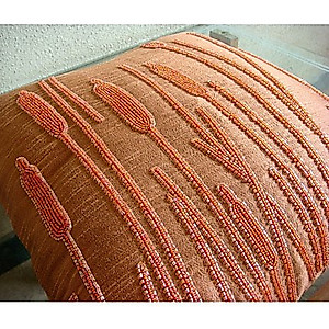 The HomeCentric Cushion Covers, Rust Throw Pillows Cover, Beaded Farm Design Pillows Cover, 18x18 inch (45x45 cm) Pillows Cover, Square Silk Pillow Covers, Floral Contemporary - Rusted Beauty