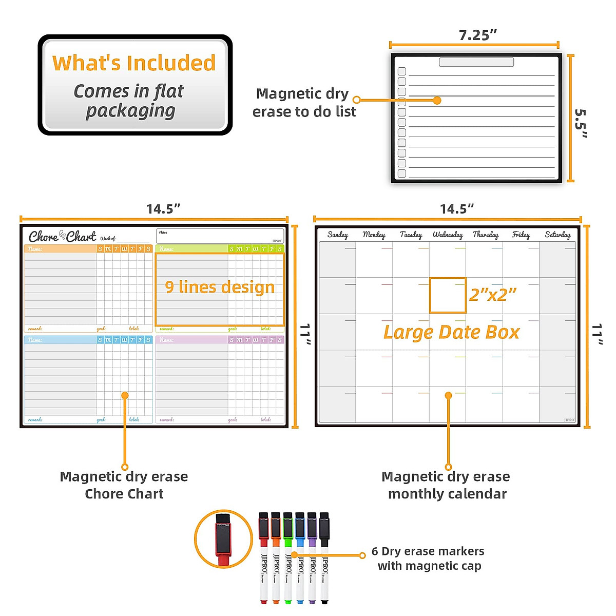 Magnetic Dry Erase Chore Chart and Calendar Bundle for Fridge - Chore Chart for Multiple Kids,Monthly Calendar,One Bonus to-do Whiteboard and 6 Extra Fine Tips Markers Included!