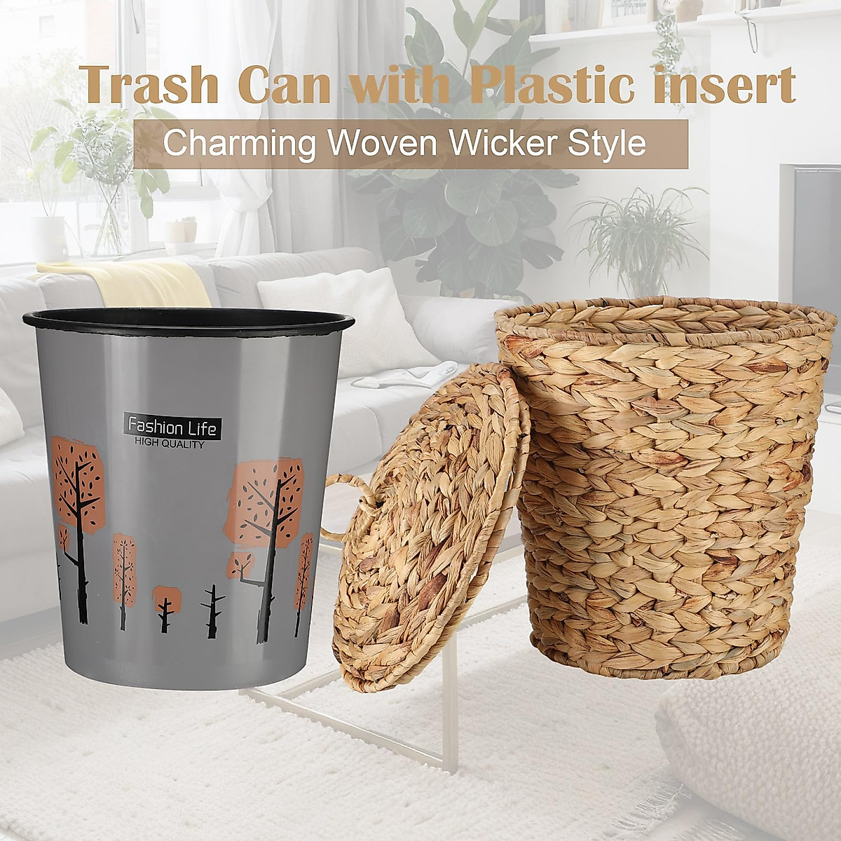 Maxcheck 2 Sets Wicker Trash Can with Lid and Plastic Insert 3 Gallon Trash Can Boho Woven Wicker Round Waste Basket Office Garbage Cans for Bathroom Living Room Bedroom