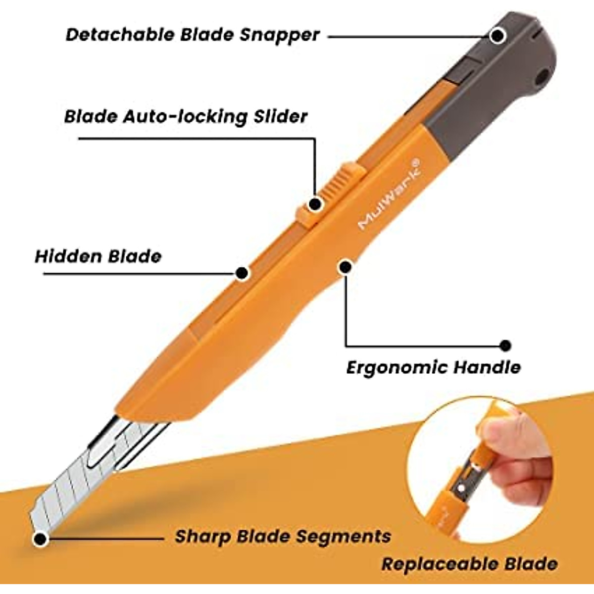 Mulwark 16PC Box Cutter Retractable Utility Knife Set - Heavy Duty Craft Knife with 10PC Sharp Snap-off 9MM 30 Degree Blades, 5PC 60 Degree Blade for Precision Cutting