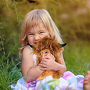 GARKALY 12 Inch Highland Cow Stuffed Animal,Scottish Fluffy Cow Plush,Cute Realistic Soft Cow Stuffed Animal Farm Decor Birthday Gift Toy for Adults Kids (Brown)