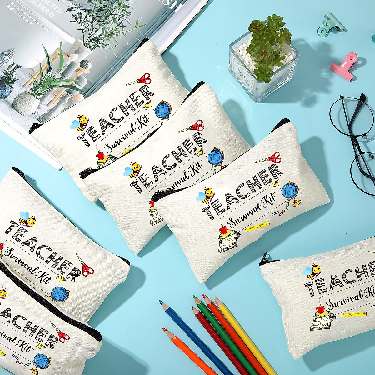 24 Pcs Teacher Appreciation Gift Makeup Bags Teacher Survival Kit Cosmetic Bags Canvas Zipper Pouch Travel Toiletry Case (7.1 x 4.3 Inch) Multicolor