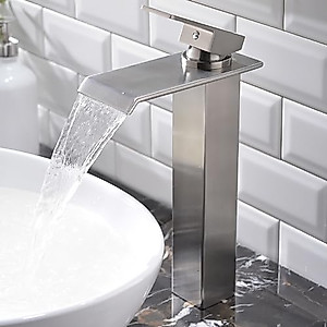 VESLA HOME Modern Single Handle Brushed Nickel Vessel Sink Faucet,Tall Wide Spout Waterfall Bathroom Faucet One Hole Above Counter Vanity Lavatory Sink Vessel Faucet