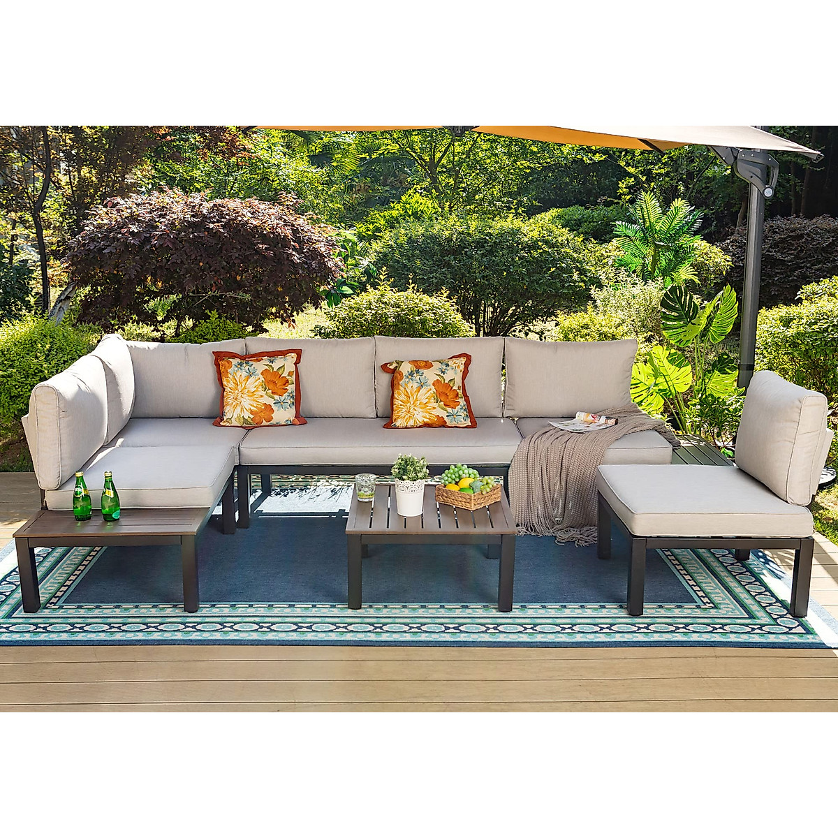 MFSTUDIO 6 Pieces Patio Furniture Set,Outdoor Metal Frame Sectional Sofa Conversation Set with Coffee Table&Removable Cushion for Backyard,Garden,Poolside …