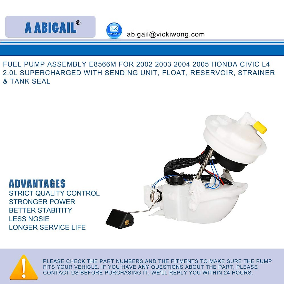 Fuel Pump for 2001 2002 2003 2004 2005 Honda Civic L4 1.3L 1.7L 2.0L Replaces Part 17045-S5A-A00, E8566M, SP8011M, P76528M, 17045-S5A-A31, 17045-S5A-A30 - Gas and Hybrid Models