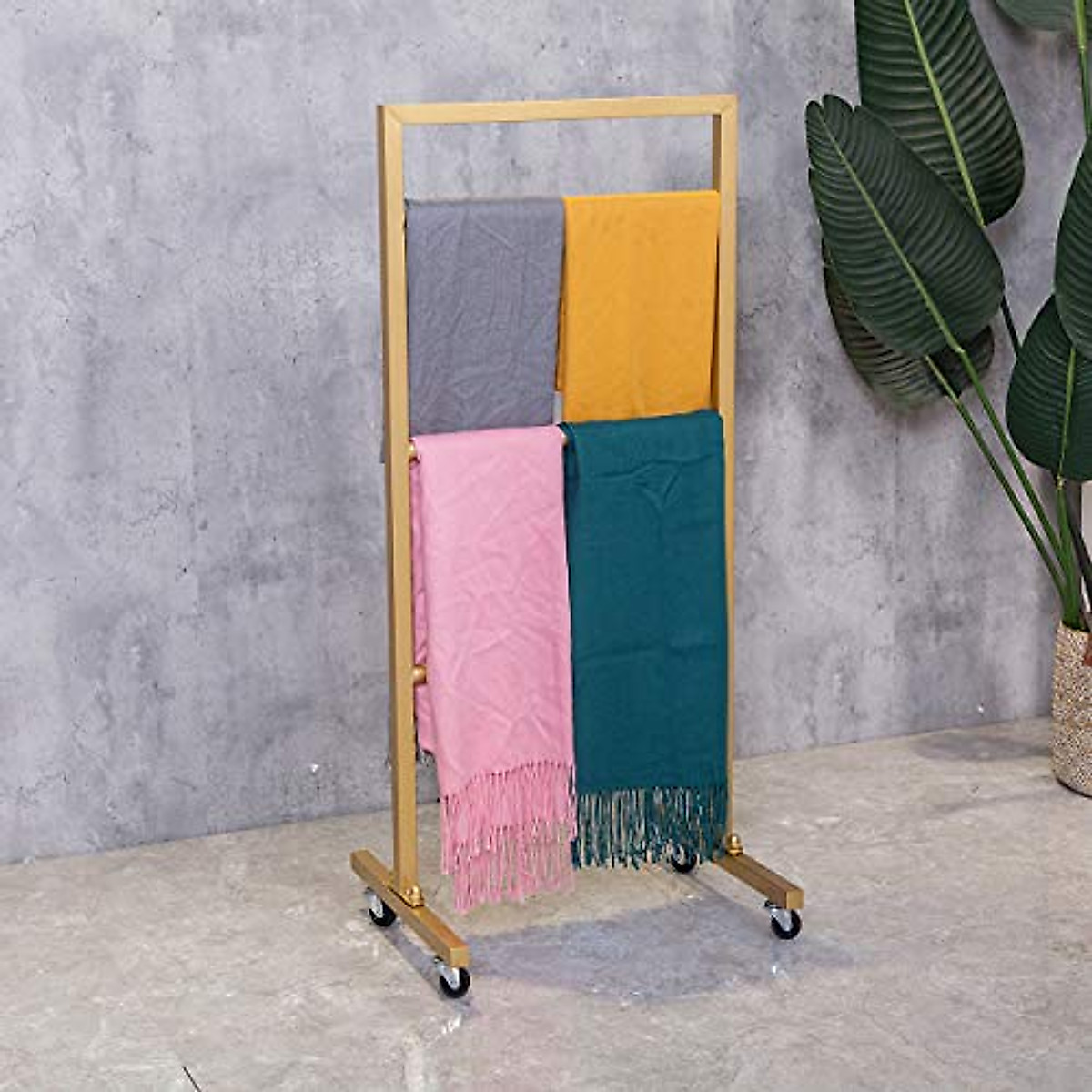 FURVOKIA Simple Modern Heavy Duty Metal Rolling Hanger Storage Rack with Wheel,Retail Display Floor-Standing Towel Pants Scarf Organizer Shelves (Gold, 3 Tier)