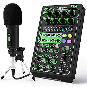 Pyle Portable Bluetooth Live Broadcast Sound Card Pro Audio Interface DJ mixer Condenser w/Microphone Set, for Streaming podcasts Studio, Recording PC, Gaming, Phone, w/FX, Ambient Sounds - PKSCRD308