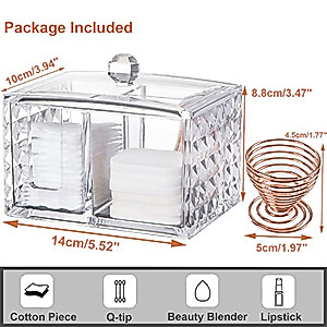 TocTen Qtip Holder Dispenser for Cotton Ball, Cotton Swab, Cotton Round Pads Jar, 3-Grid Bathroom Canister with Lid Thicken Acrylic Plastic Make Up Organizer, Extra Sponge Blender Holder Includ