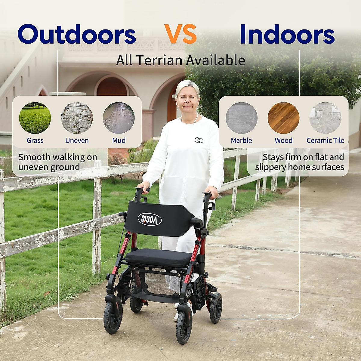 2 in 1 Walkers for Seniors with Seat, VOCIC Transformable Rollator Walker and Transport Chair, Transport Wheelchair w/Paded Seatrest, Pouch, Backrest and Footrest-Gloria Red