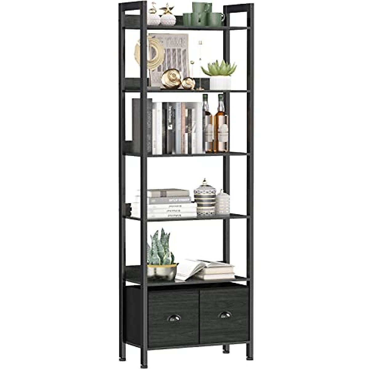 Furologee 6-Tier Bookshelf, Tall Bookcase with 2 Drawers Storage Organizer, Industrial Display Free Standing Shelf Units, Wood and Metal Storage Rack for Home Office, Bedroom, Black Oak