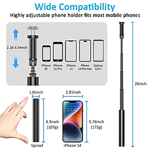 Vproof Monopod Selfie Stick Bluetooth, Lightweight Aluminum All in One Extendable Selfie Sticks Compact Design, Compatible with iPhone 15/14 Pro Max/14 Pro/14/14 Plus/13 Pro Max/13 Pro/13, Galaxy S22