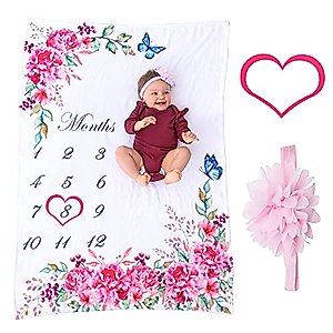 Bliss n' Baby Monthly Milestone Blanket for Baby Girl - Perfect Baby Age Blanket with Growth Chart Blanket - New Moms Set, Wrinkle Free, Washable, Dryable, Red Heart Wreath & Pink Headband- 54"x40"