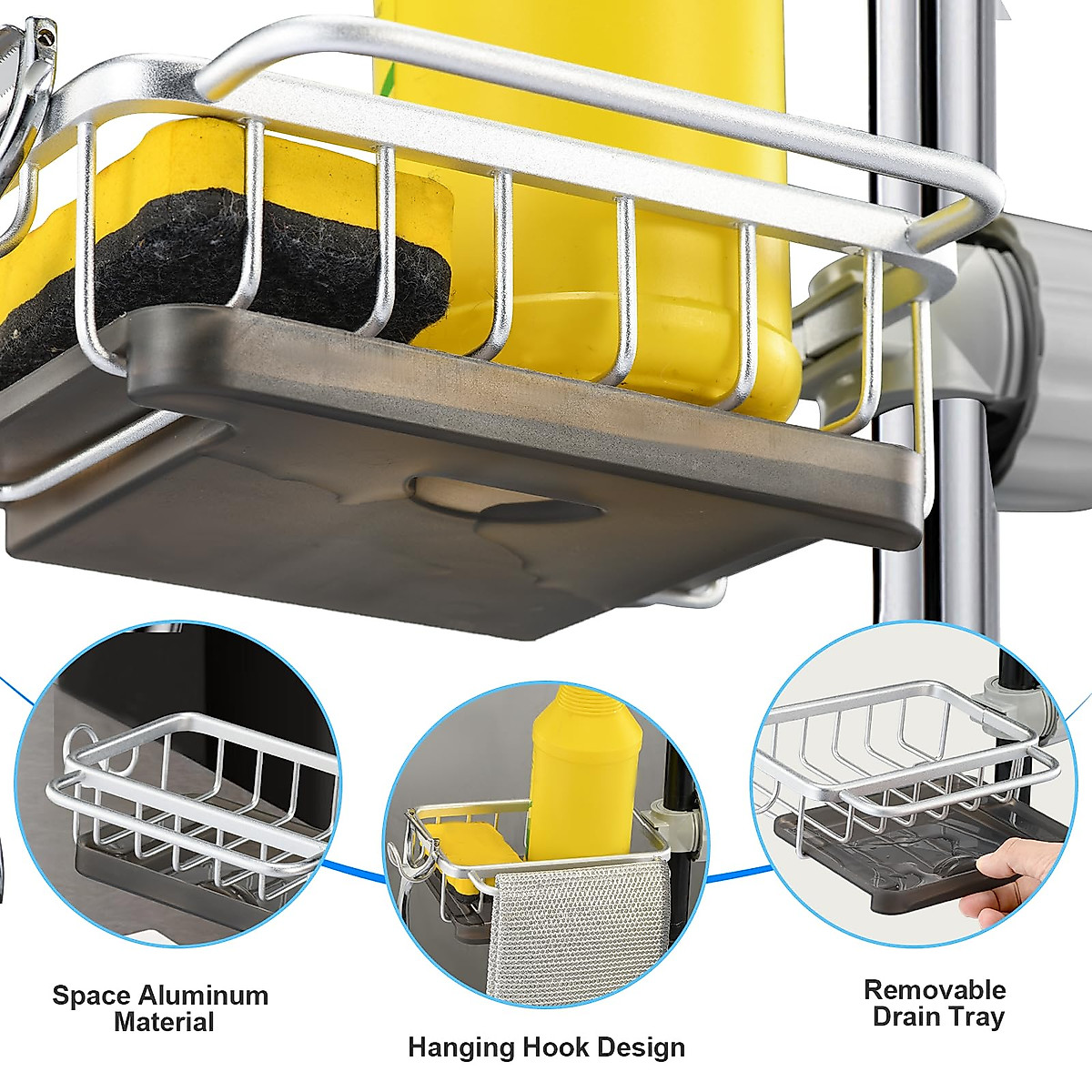 CAGSIG Kitchen Sink Faucet Organizer, Faucet Storage Rack with Drain Tray & Towel Rack, Multi-Function Sponge Holder Faucet Storage Rack for 0.7-1.1 Inch Round Water Pipes Silver-Left