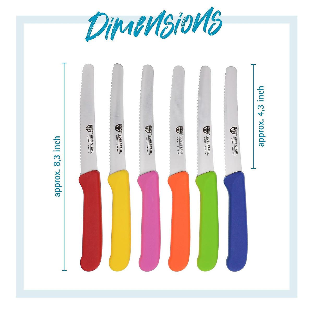GRÄWE table knife 6 pieces, knife set for cutting, pack of 6 bread knives, breakfast knife with serrated edge on one side, knife 8.3 inch - Colorful
