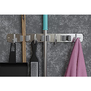 NATIKON Mop and Broom Holder Wall Mount with 3 Racks and 4 Hooks Stainless Steel Tool Organizer Storage Wall Mounted, 2 Pack