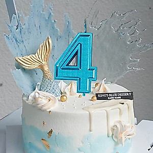 UVTQSSP 3.94 Inch Blue Oversized Large Number Candles Happy Birthday Candles Glitter Cake Topper Decoration for Party Wedding Anniversary Celebration Supplies Kids Adults (Shape 4 Blue)