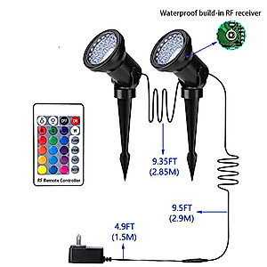 Garden Spotlights, IP66 Waterproof 36 LEDs Multi Colored Landscape Lights RGB Remote Control Outdoor Spotlights with Spiked Stand for Garden Yard Patio Lawn House Flag Tree Statue Pathway - Set of 2