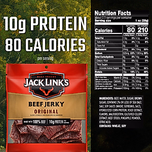 Jack Link's Beef Jerky, Original Flavor, 2.6 Oz - Flavorful Meat Snack, 10g Of Protein And 80 Calories, Made With 100% Beef - No Added MSG Or Nitrates/Nitrites