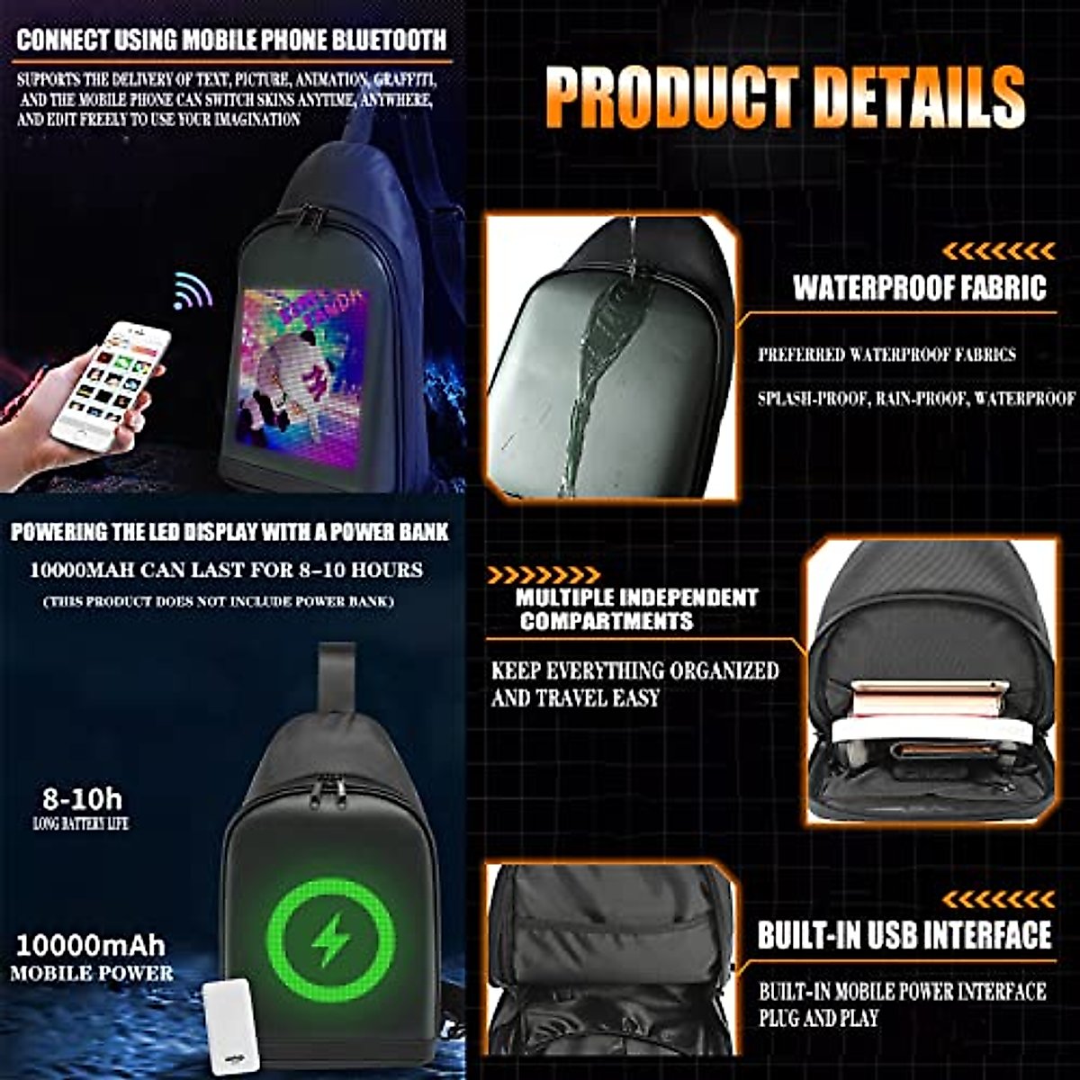 GIFR MOVERS LED Diagonal Backpack, DIY Full-Color Screen With Bluetooth Connection App To Control The Screen Display、Unisex、Outdoor、Advertising And Travel Strap Bag