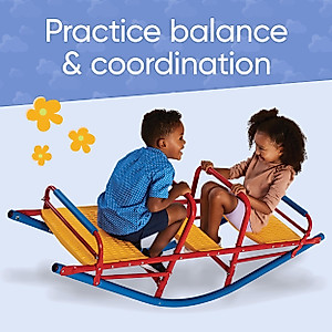 Kid's Metal Rocking Seesaw Teeter Totter with Handlebars, Weather Resistant Backyard Playground Equipment, Max Weight 140 lbs