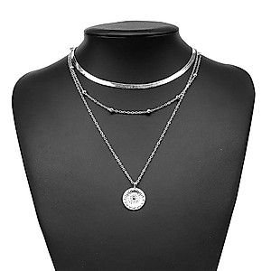 Woent Layered Lotus Pendant Necklaces Silver Bead Choker Necklace Chain Adjustable Jewelry for Women