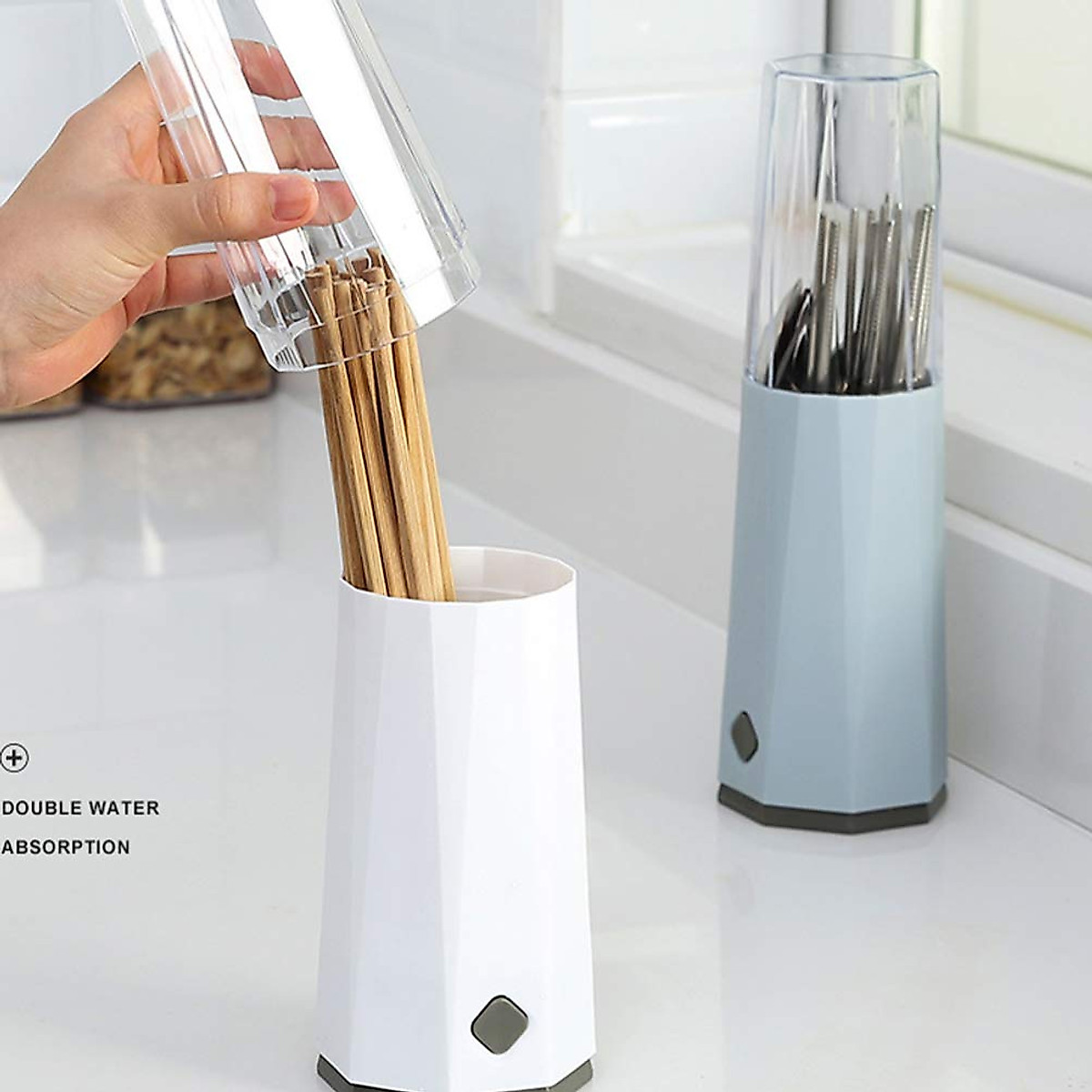 UPKOCH Chopsticks Holder Drain Rack Basket Detachable Kitchen Utensils Fork Spoon Storage Holder Toothbrush Toothpaste Stand With Cover (White)