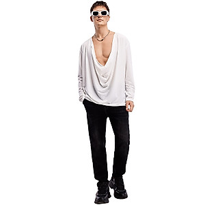 WDIRARA Men's Cowl Neck Draped Long Sleeve T Shirt Top Party Club Tops White XL