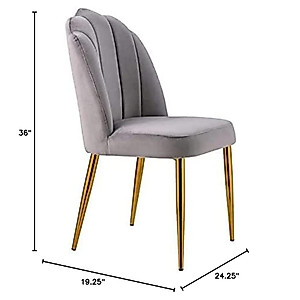 Iconic Home Chelsea Dining Side Chair Vertical Channel Quilted Velvet Upholstered Crown Top Back and Seat Solid Gold Tone Metal Legs (Set of 2) Modern Contemporary, Grey