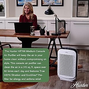 Hunter HP700 Medium Console Air Purifier for Large Rooms Features Pre-Filter, True HEPA Filter, Multiple Fan Speeds, Soft Touch Digital Control Panel, Sleep Mode, Timer, Accent Light