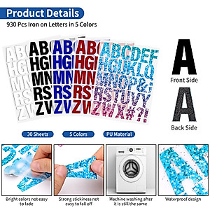 30 Sheets 930 Pieces Iron on Letters for Clothes 1.6 Inch Heat Transfer Letters with A-Z Iron on Vinyl Letters in 5 Colors PU Alphabet Adhesive Stickers for DIY Printing Craft Fabric T-Shirt Jersey