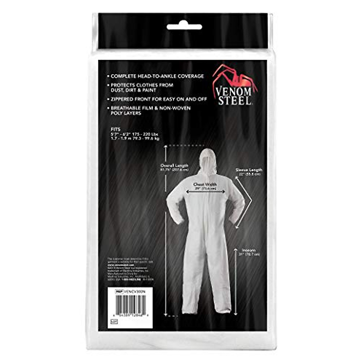 Venom Steel Disposable Heavy Duty Coverall, Hooded with Elastic Wrist and Ankles, L/XL Size, White