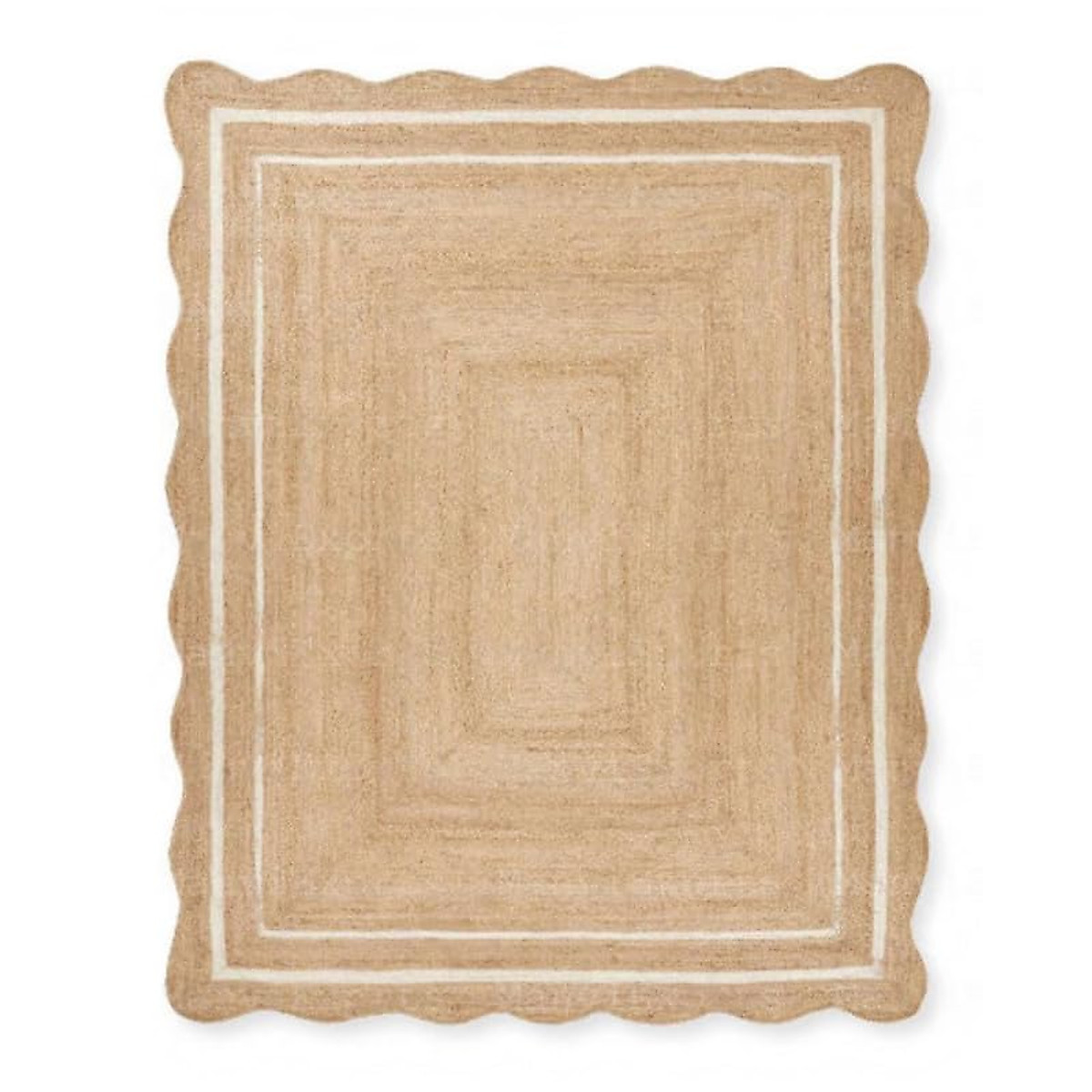 Weaver House Natural Jute Scalloped Rug – Handwoven Bohemian Decorative Rug (7x10 ft - White)