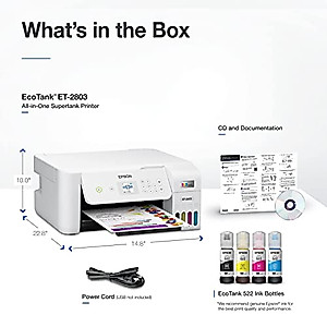 Epson EcoTank ET-2803 All-In-One Wireless Supertank Color Inkjet Printer, White - Print Scan Copy - 1.44" LCD Display, 10 ppm, 5760 x 1440 dpi, Borderless Photo Prints, Mobile Printing, USB Connection