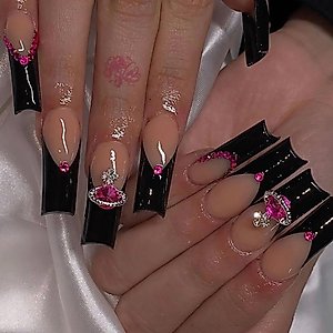 24Pcs Long Press on Nails Black Square Fake Nails French Tip 3D Metal Planet Glue on Nails wiht Rhinestones Acrylic Nails Black Tips Nude False Nails for Women Manicure Decorations