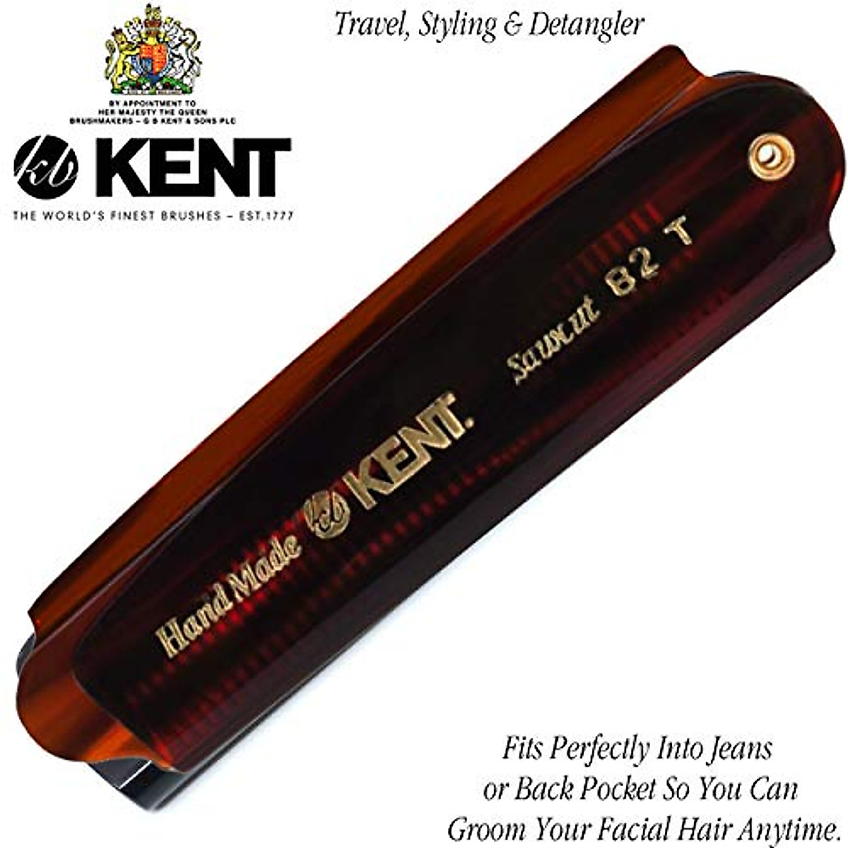 Kent 82T 4" Handmade Folding Pocket Comb for Men, Fine Tooth Hair Comb Straightener for Everyday Grooming Styling Hair, Beard or Mustache, Use Dry or with Balms, Saw Cut Hand Polished, Made in England