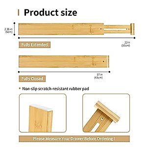 AISHIY Upgrade Bamboo Drawer Divider System,Adjustable Drawer Organizers,Expandable Utensil Organization System for Kitchen,Dressers and Bathroom,4 Divider with 6 Insert and 12 Divider Clips（17-22in）