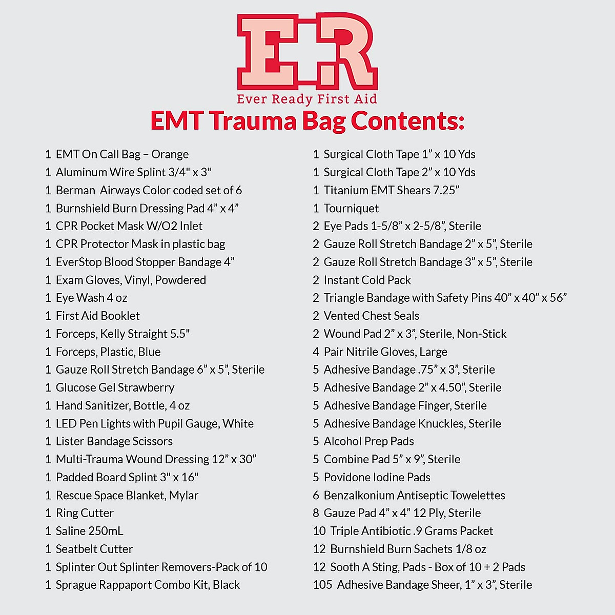 Ever Ready First Aid Fully Stocked EMT Trauma Bag Feat. Tourniquet, Chest Seals, Bleeding Control, Bandages, Shears, Gauze Pads and Rolls (Orange)
