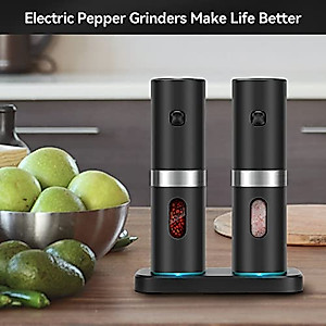 BONNIGHT Electric Salt and Pepper Grinder Set, Automatic Salt & Pepper Mill Refillable with Rechargeable Base, USB Cables, 2 Adjustable Coarseness Mills, One Hand Operation, LED Light