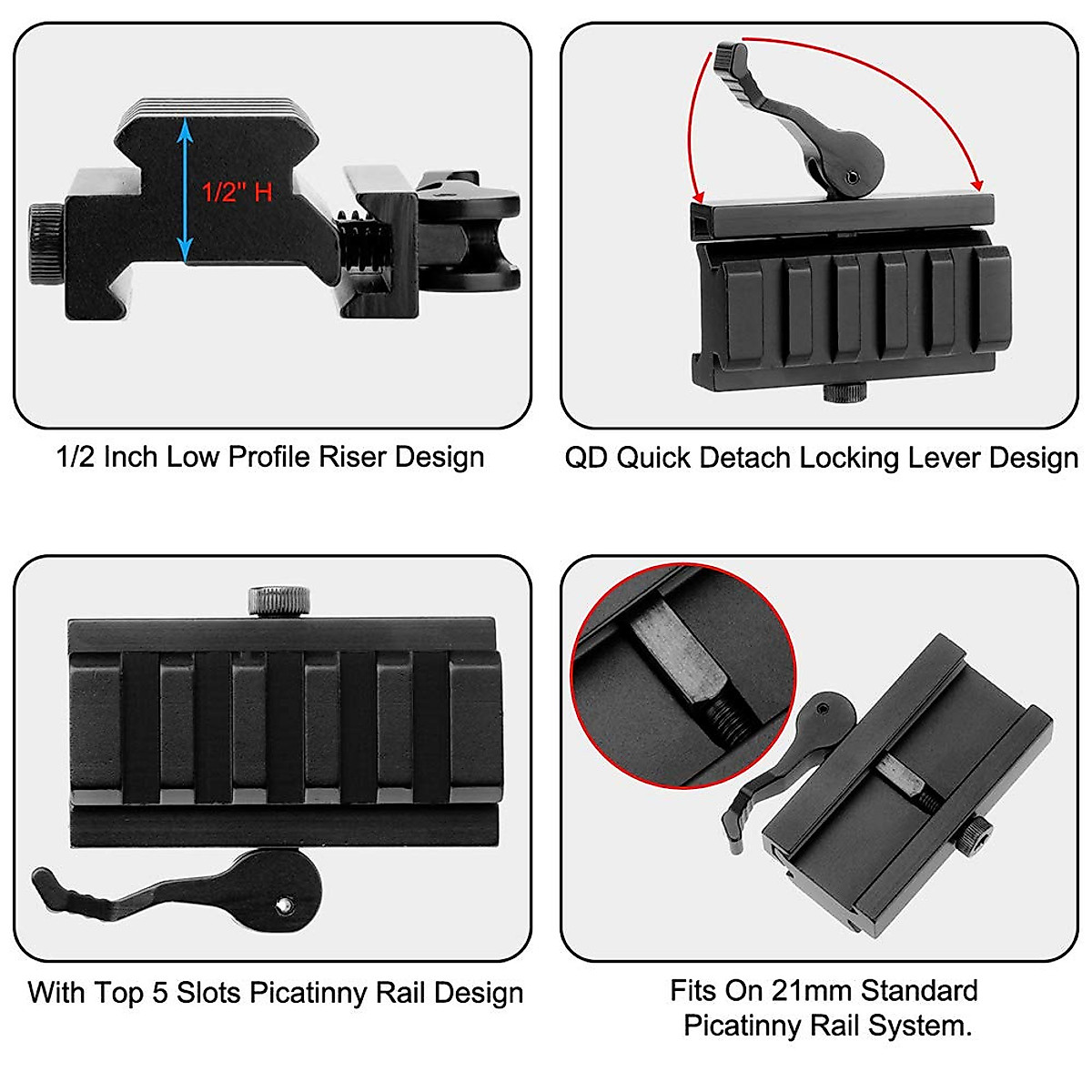 LONSEL Picatinny Riser Mount, Low Profile Rail Riser Mounts Adaptor with QD Lever Lock Quick Release & 5 Slots Picatinny Rails for Scope Rings Optics Sights, 1/2" H x 2.5''L (1 Pack)
