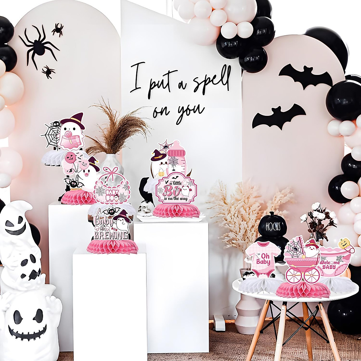 Yoyuspy Halloween Baby Shower Decorations - 9PCS A Little BOO Is On The Way Baby Shower Decorations Cute Ghost Baby Shower Honeycomb Centerpieces Table Decor Pink Gender Reveal Party Supplies Girls